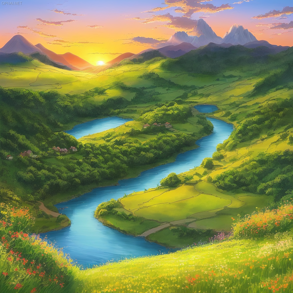 a sunset landscape painting like scene in Ghibli studio movies neighbor ...